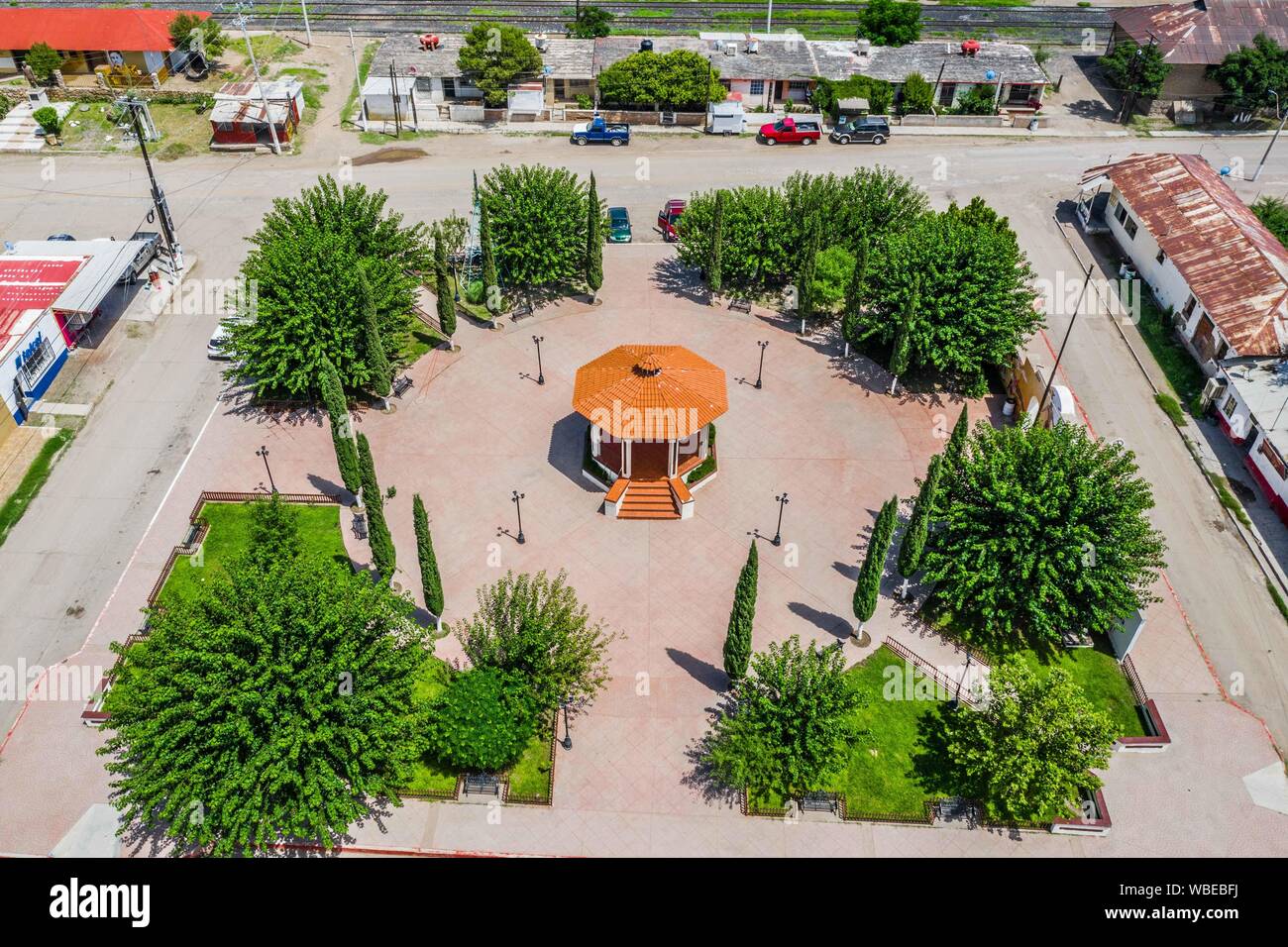 Aerial view of the town, kiosk and public square of Esqueda, Sonora ...