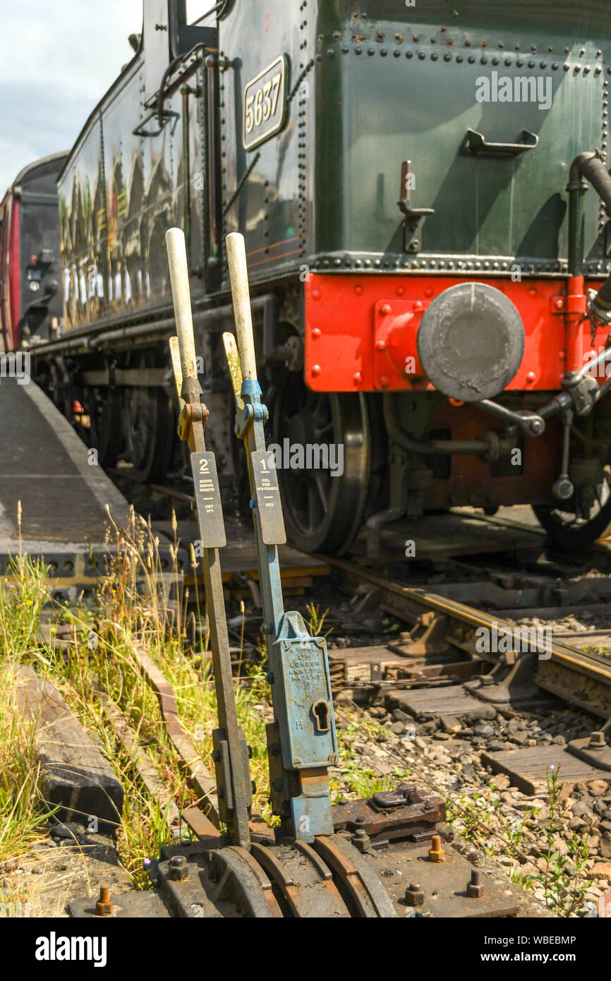 CRANMORE, ENGLAND - JULY 2019: Track side levers to operate the manual ...