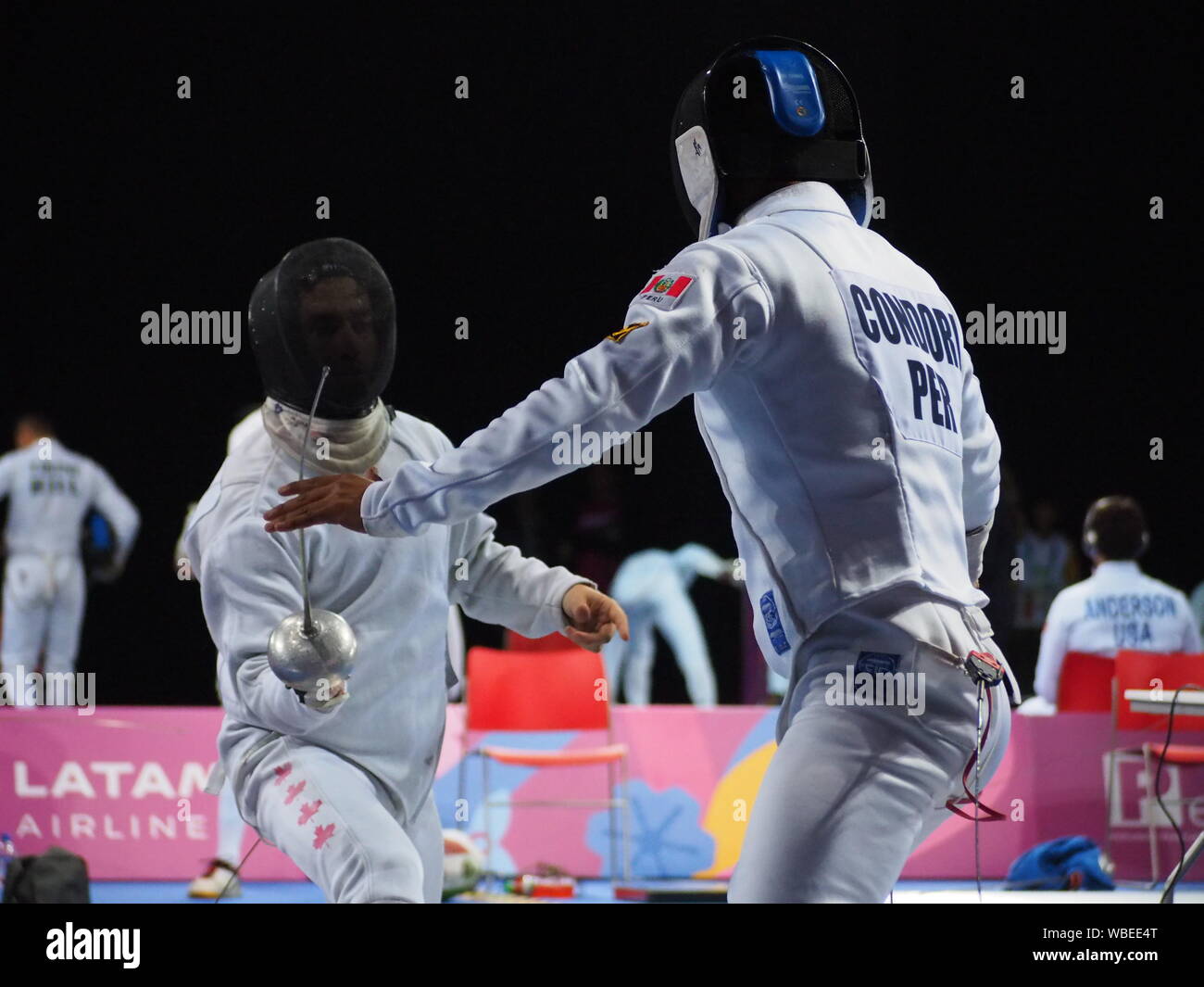 Pentathlon Fencing; Joel Riker- Fox (L) from Canada and Juan Condori (R ...