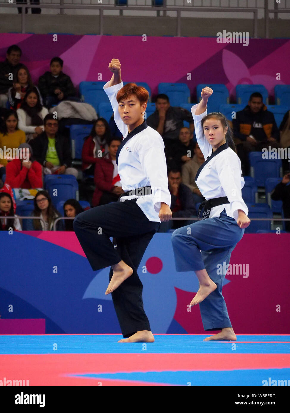 Taekwondo, Poomsae; Silver Medallists Jinsu Ha (L) and Michelle Lee (R ...