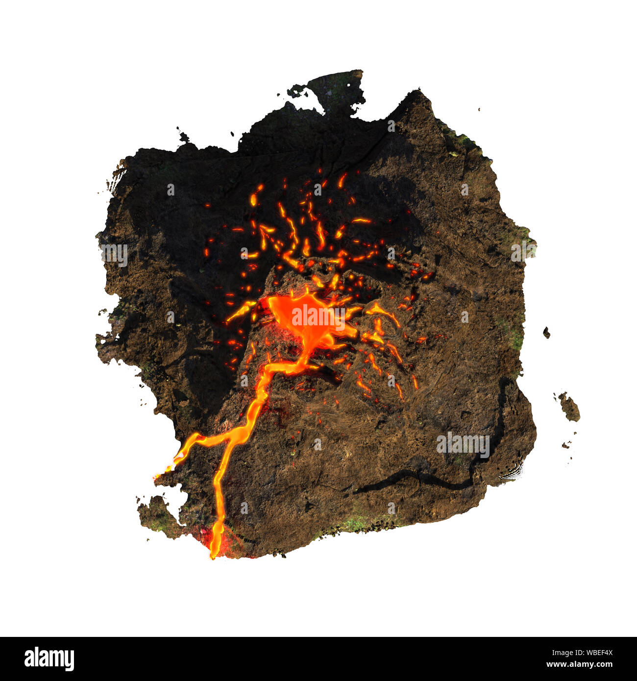 volcanic eruption, lava coming down a volcano, isolated on white ...