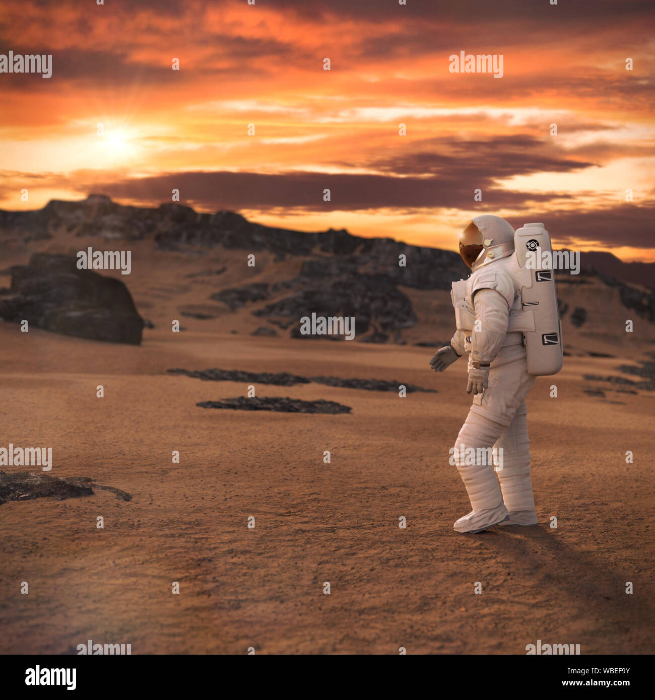 explorer on Mars, astronaut on the red planet walking through a desert ...