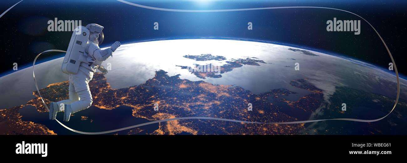 astronaut with safety tether performing a spacewalk in orbit of planet ...