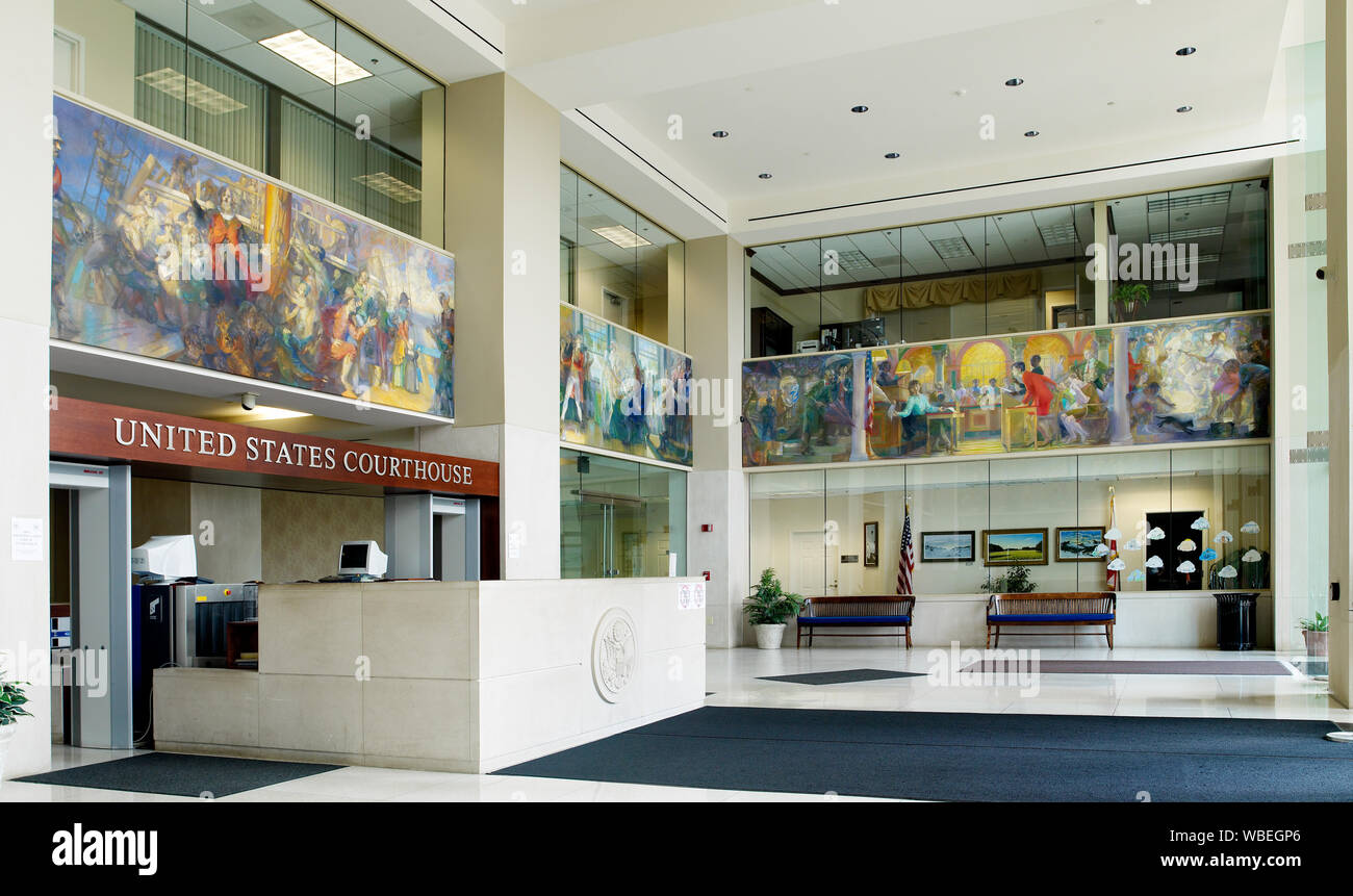 Full view of oil paintings on canvas, interior lobby, U.S. Courthouse ...