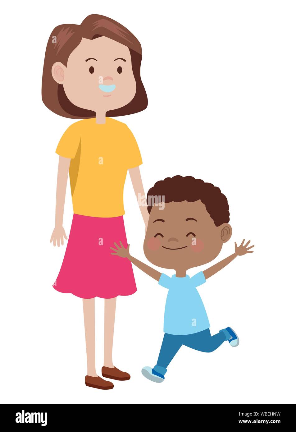 Single Mother Cartoon Mom Tenderly Hugs Her Son And Smiles.