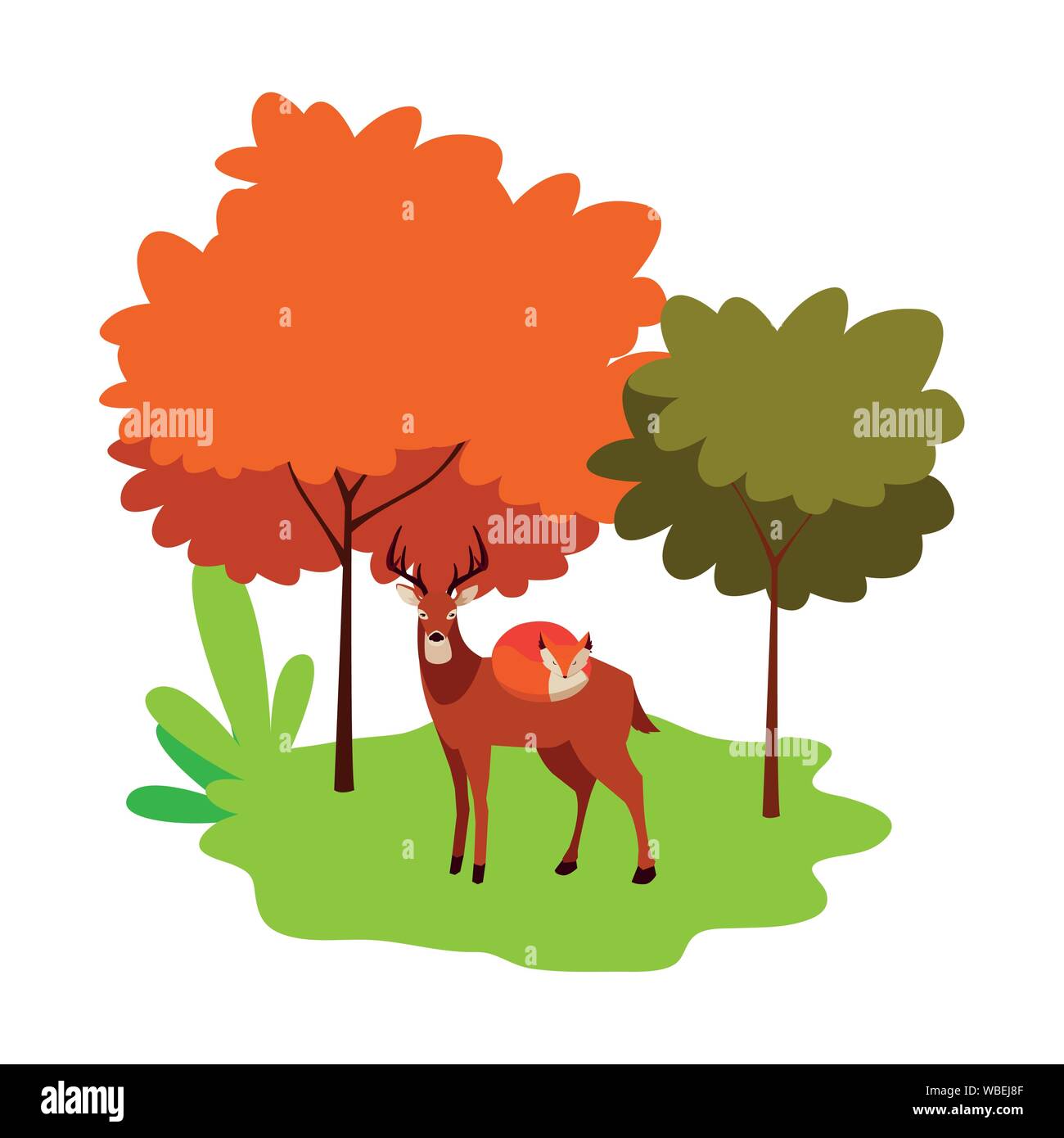 deer fox happy autumn season trees natural vector illustration Stock ...