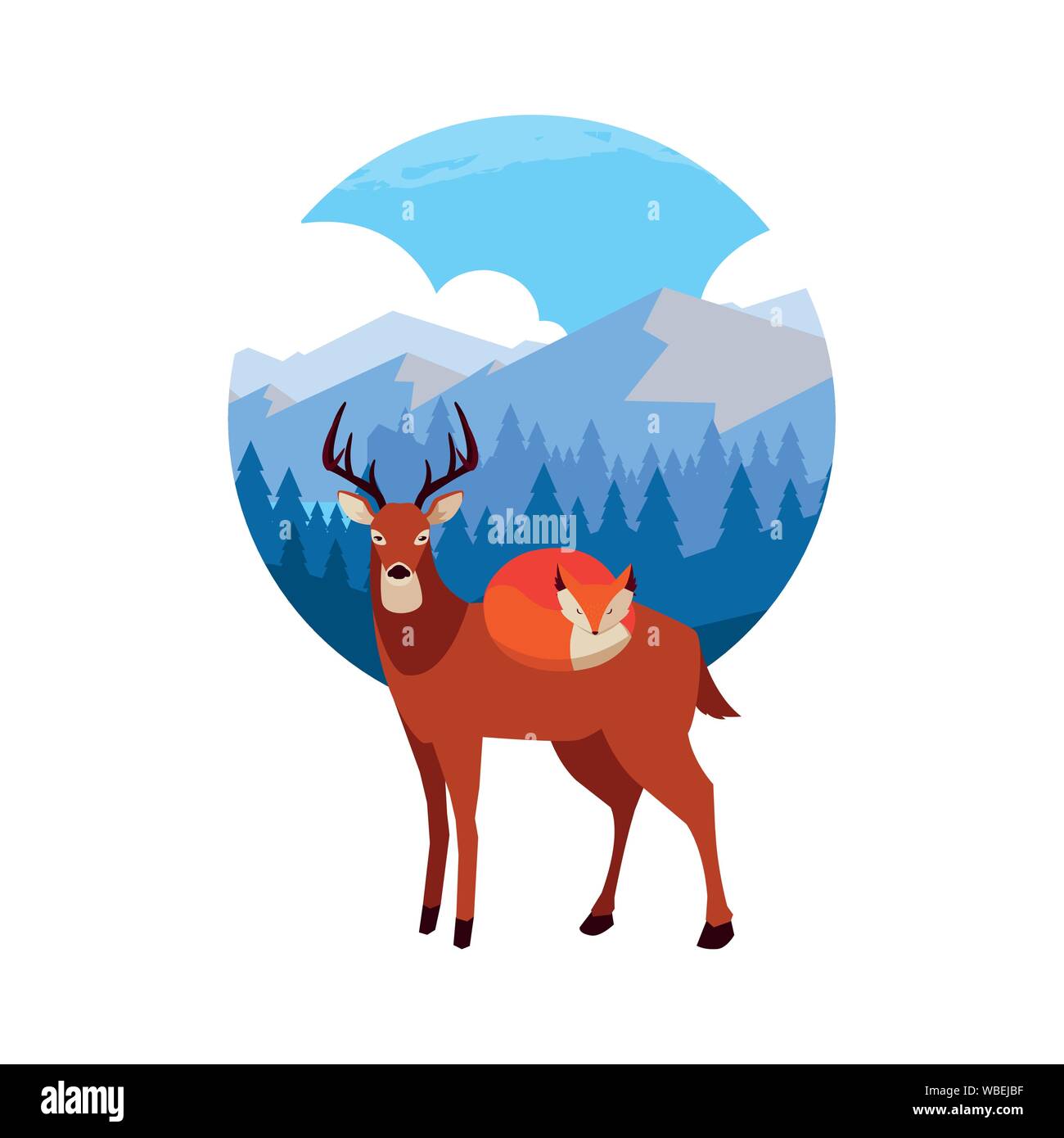 fox and deer happy autumn season trees growing hills vector ...
