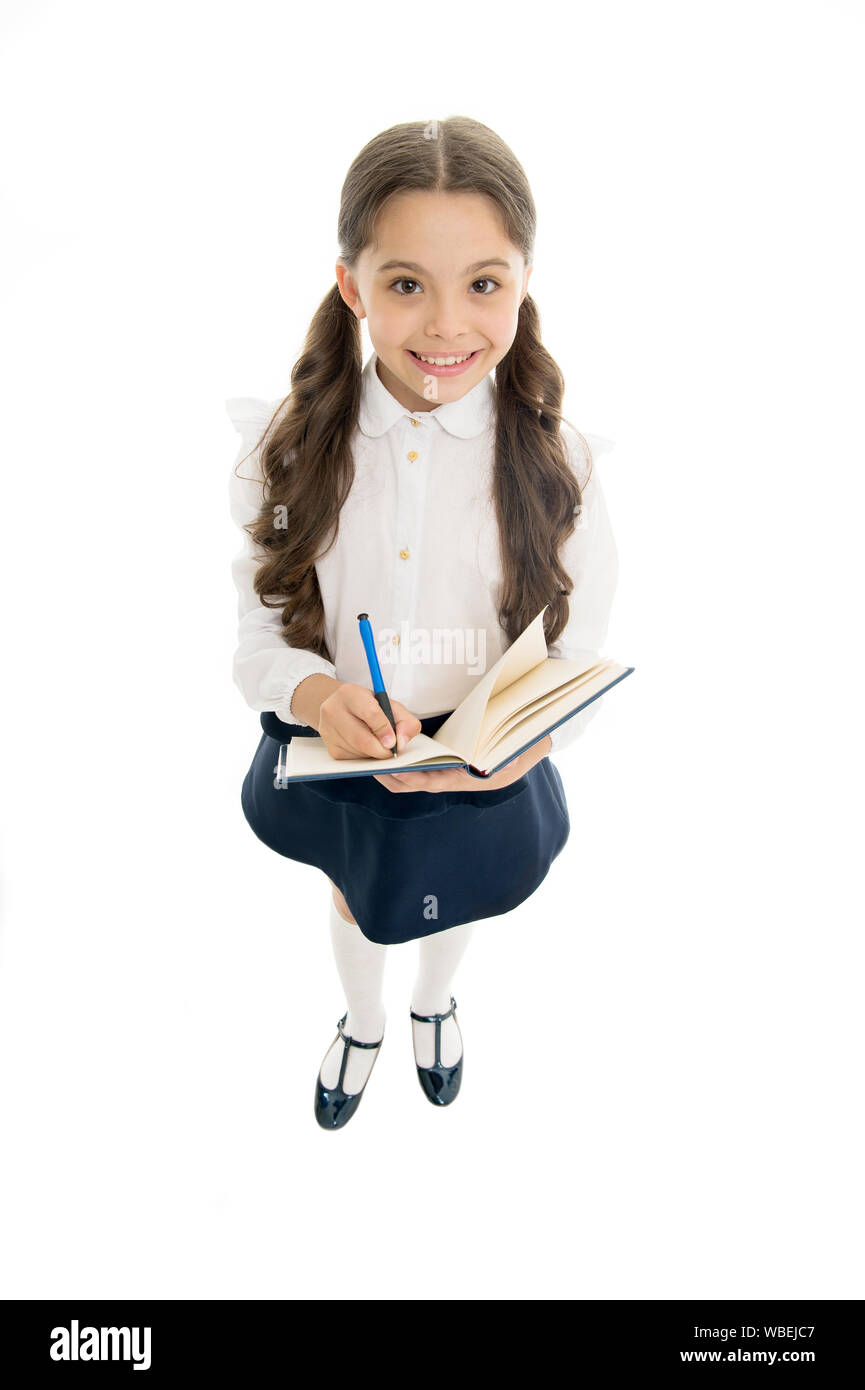 Writing essay. Girl with copy book or workbook. Kid perfect student ...