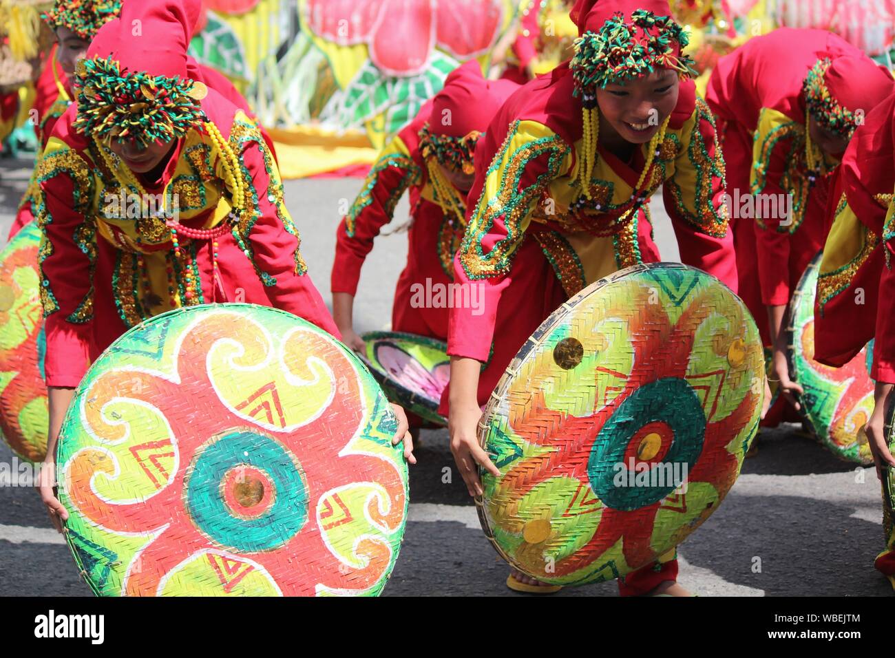 Davao City, Philippines-August 2014: Participants in colorful costumes ...