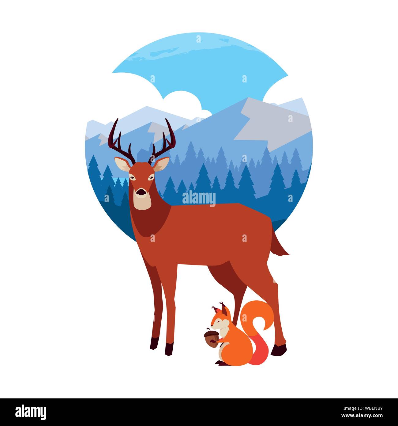 deer and squirrel happy autumn season trees growing hills vector ...