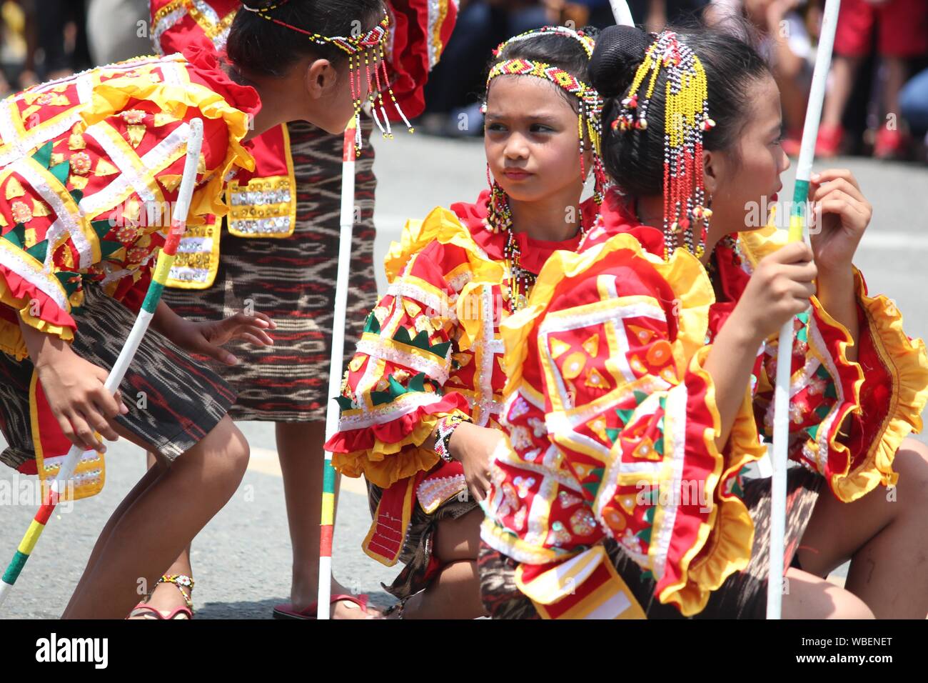Davao City, Philippines-August 2014: Participants in colorful costumes ...