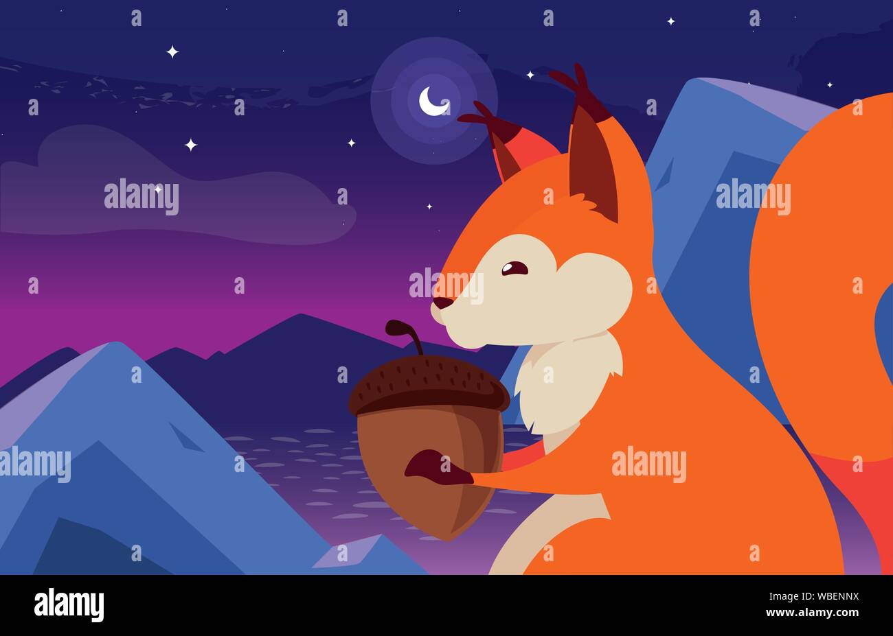 squirrel acorn happy autumn season night landscape vector illustration ...