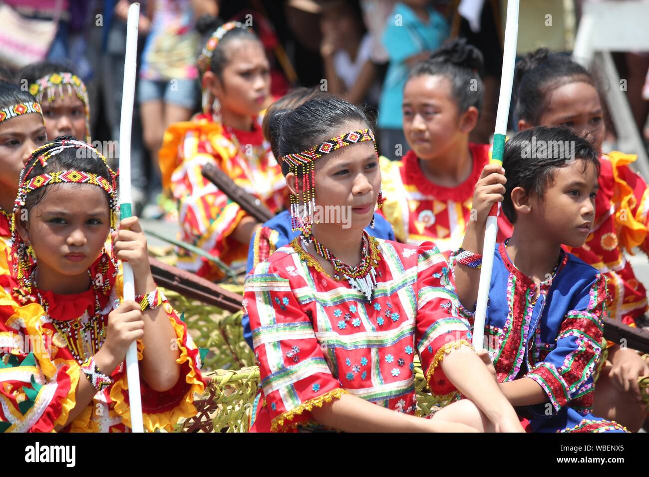 Davao City, Philippines-August 2014: Performers in colorful tribal ...