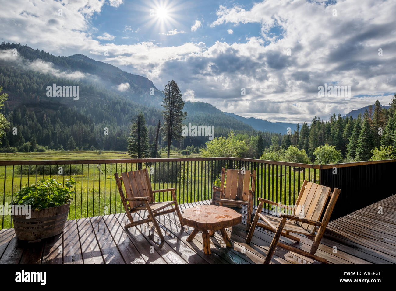 The deck of the Minam River Lodge in Oregon's Wallowa Mountains Stock ...