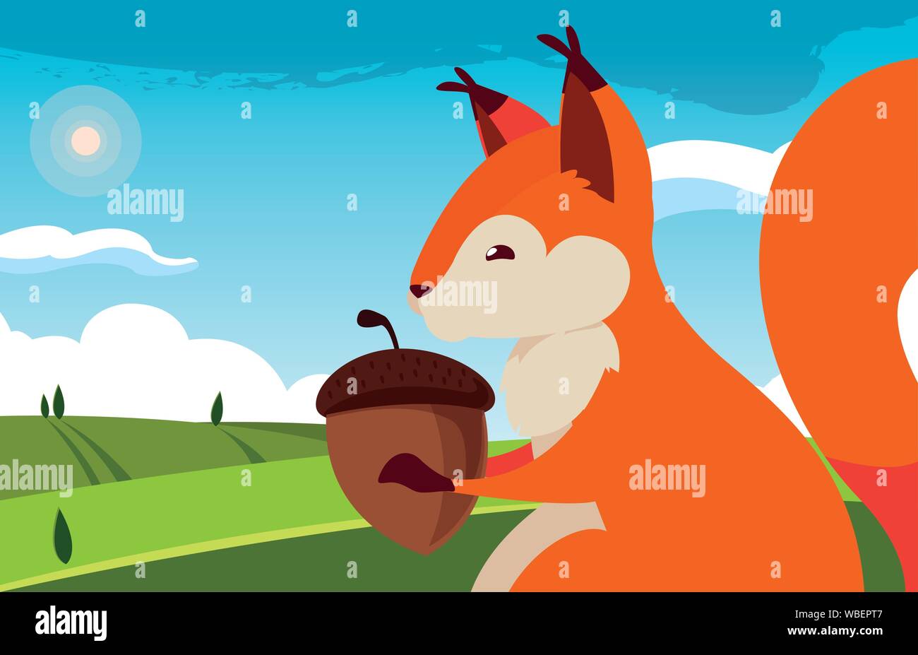 squirrel acorn happy autumn season landscape meadow sky vector ...