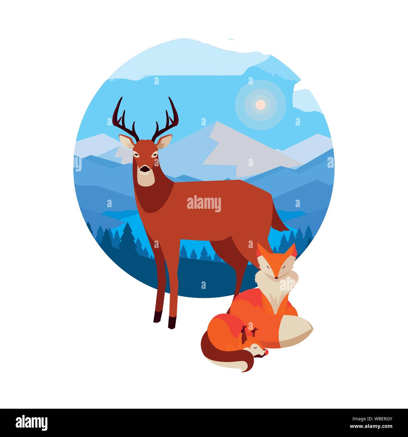 fox and deer happy autumn season panoramic view nature vector ...