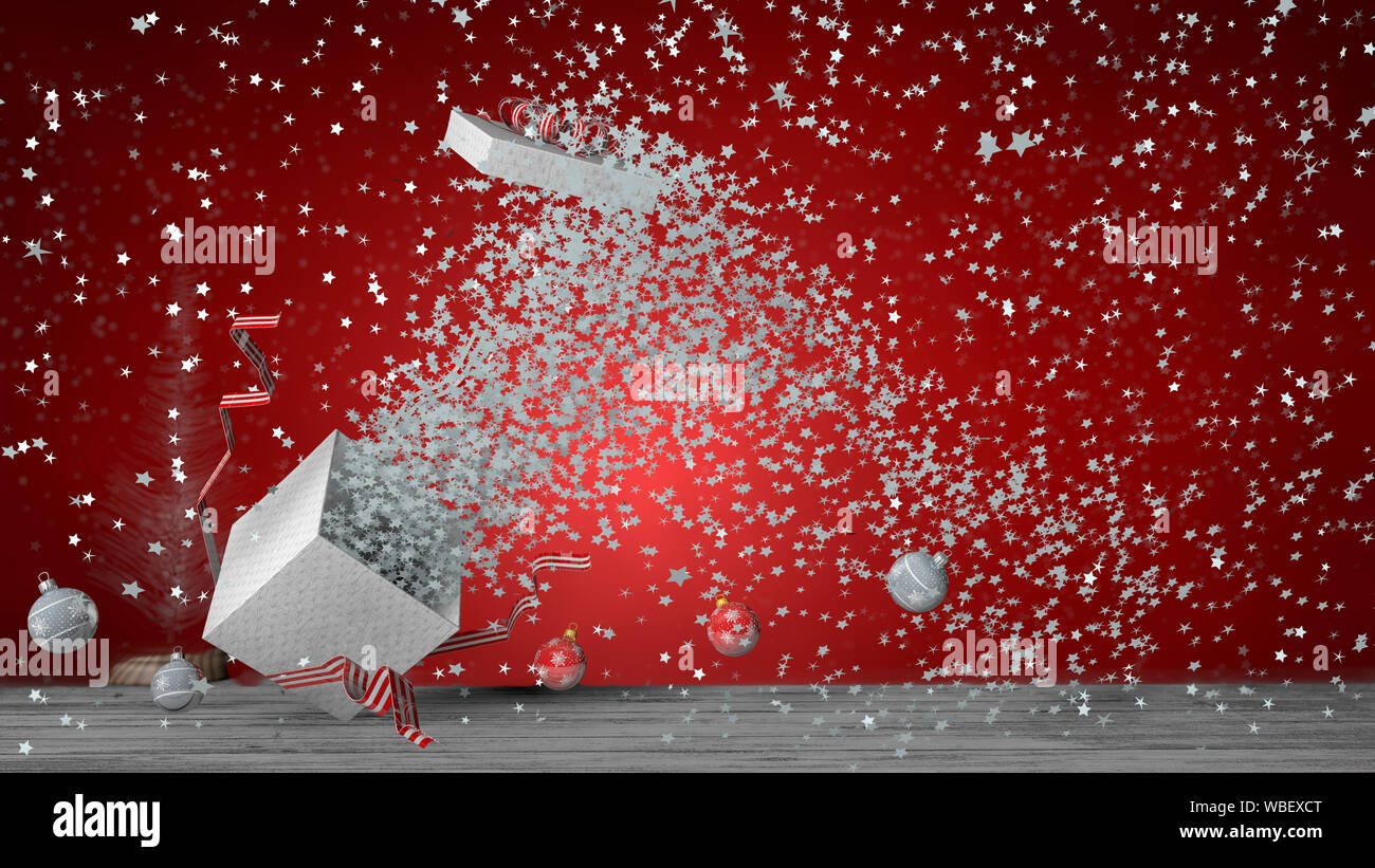 Front view of white gift box with red ribbon exploding inside a large ...