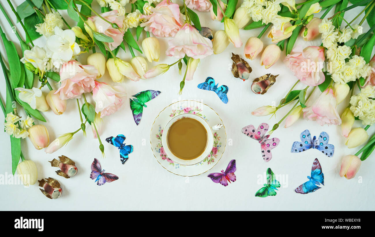 Hello Springtime relaxing tea break concept flat with spring flowers ...