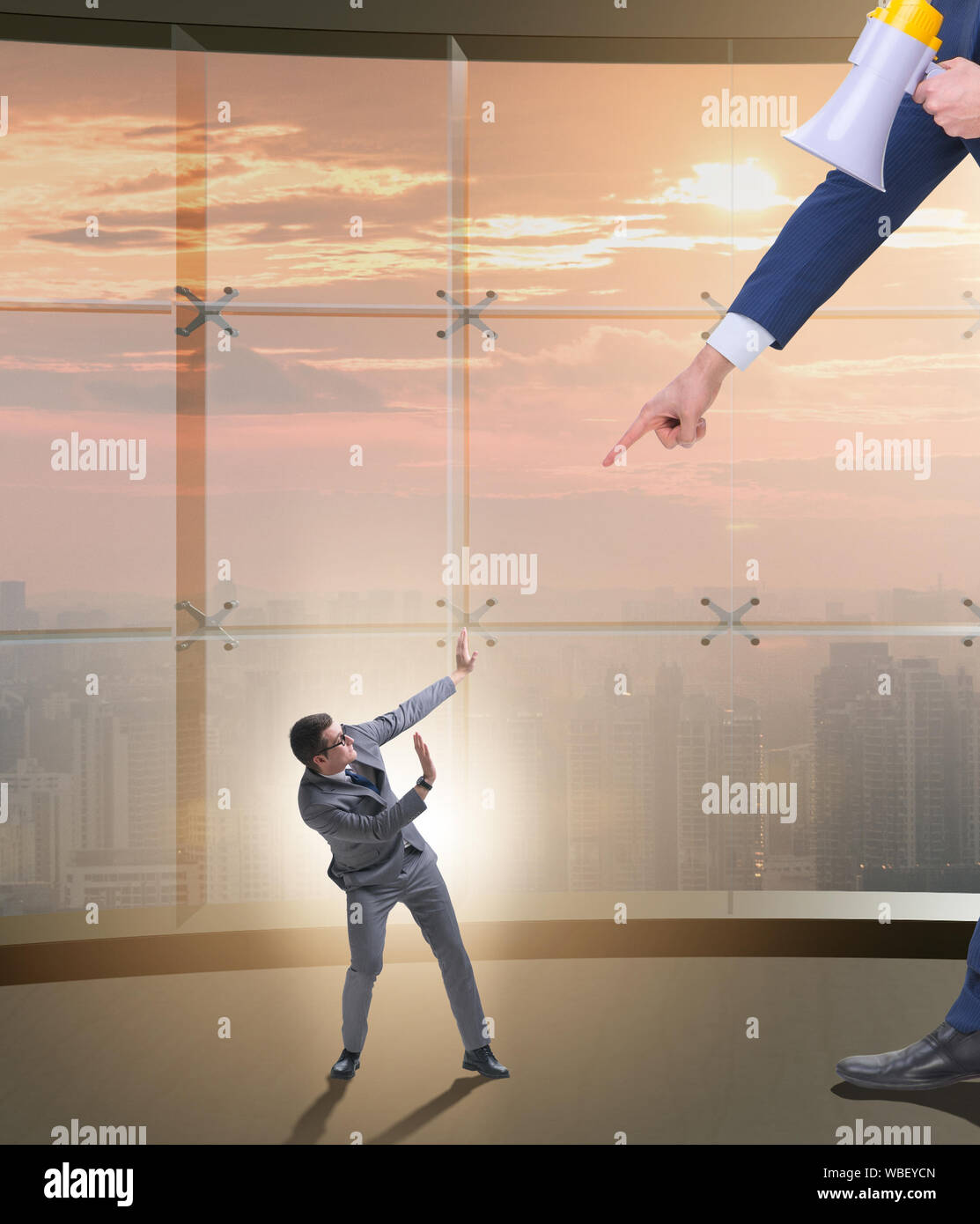 The bad angry boss shouting at employee with loudspeaker Stock Photo ...