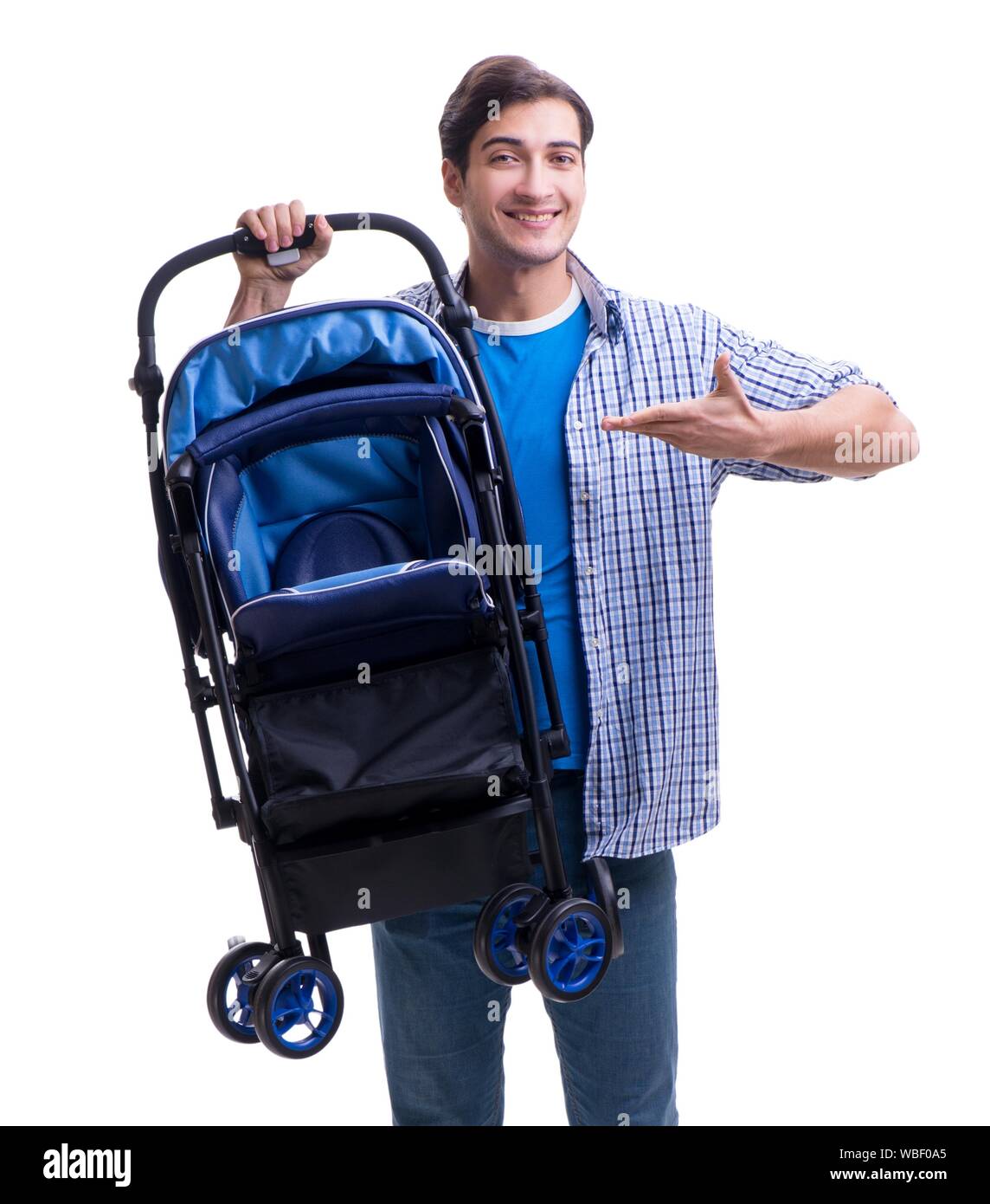 The young dad with baby pram isolated on white Stock Photo - Alamy