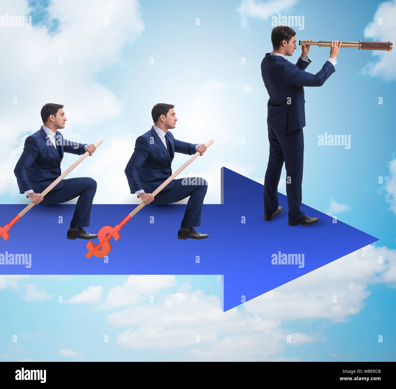 The team of businessmen in teamwork concept with boat Stock Photo - Alamy