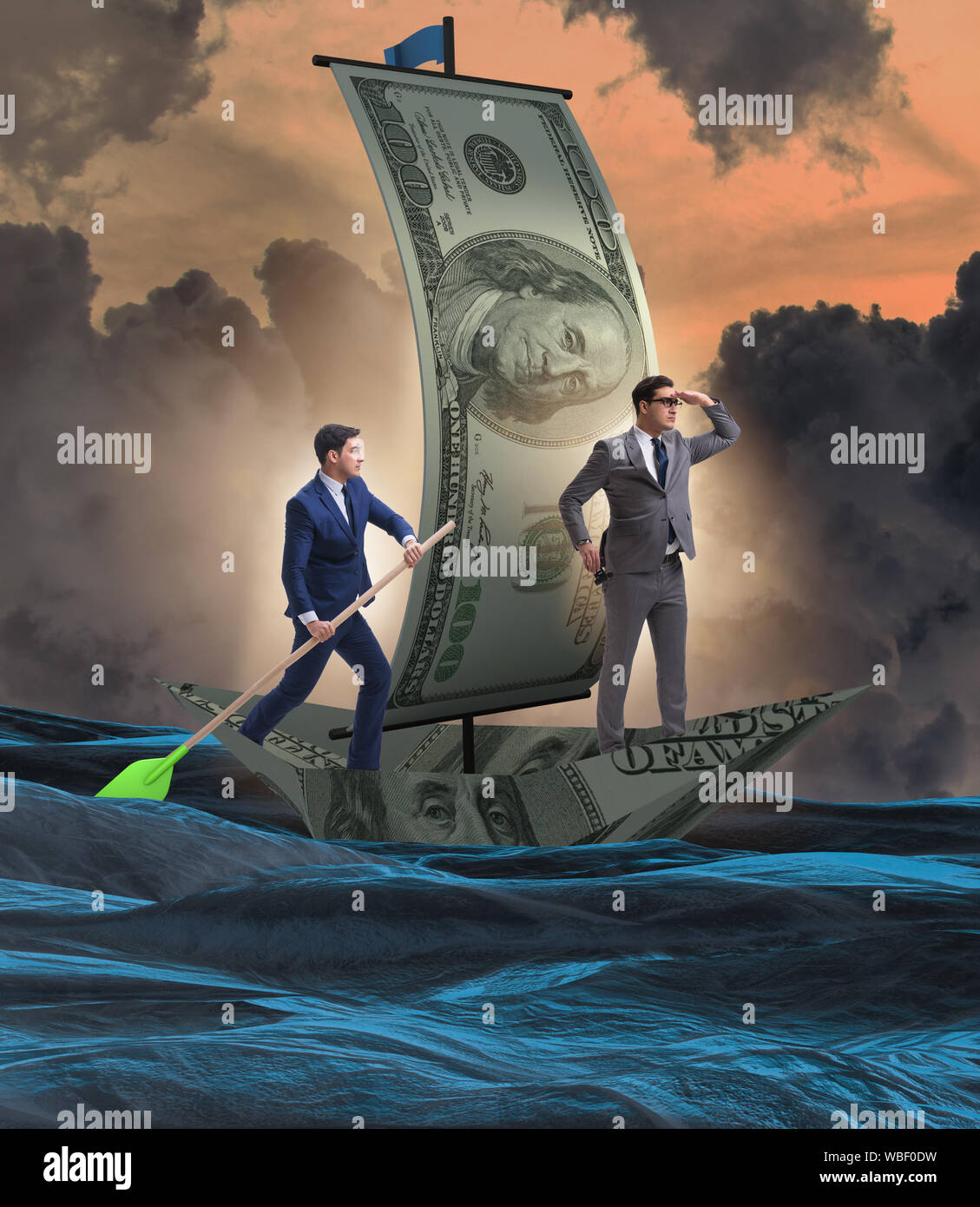 The business partnership with businessmen sailing on dollar boat Stock ...