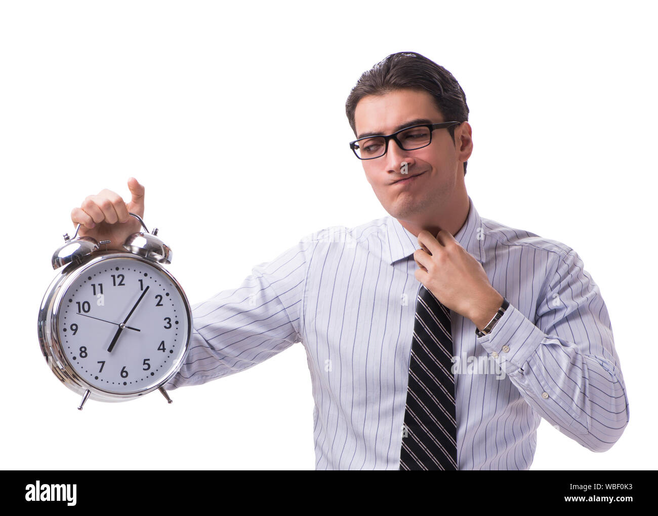 The young businessman in time management concept on white background ...