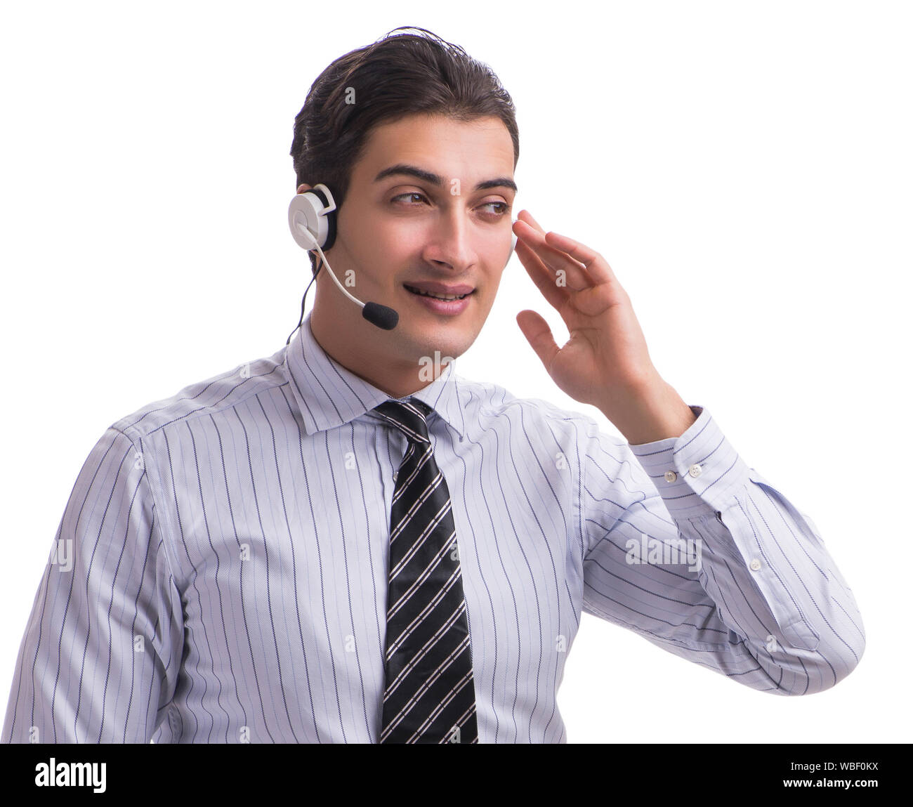 The young call center operator isolated on white background Stock Photo - Alamy