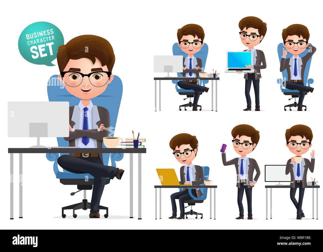 Business office desk vector character set. Business man character ...