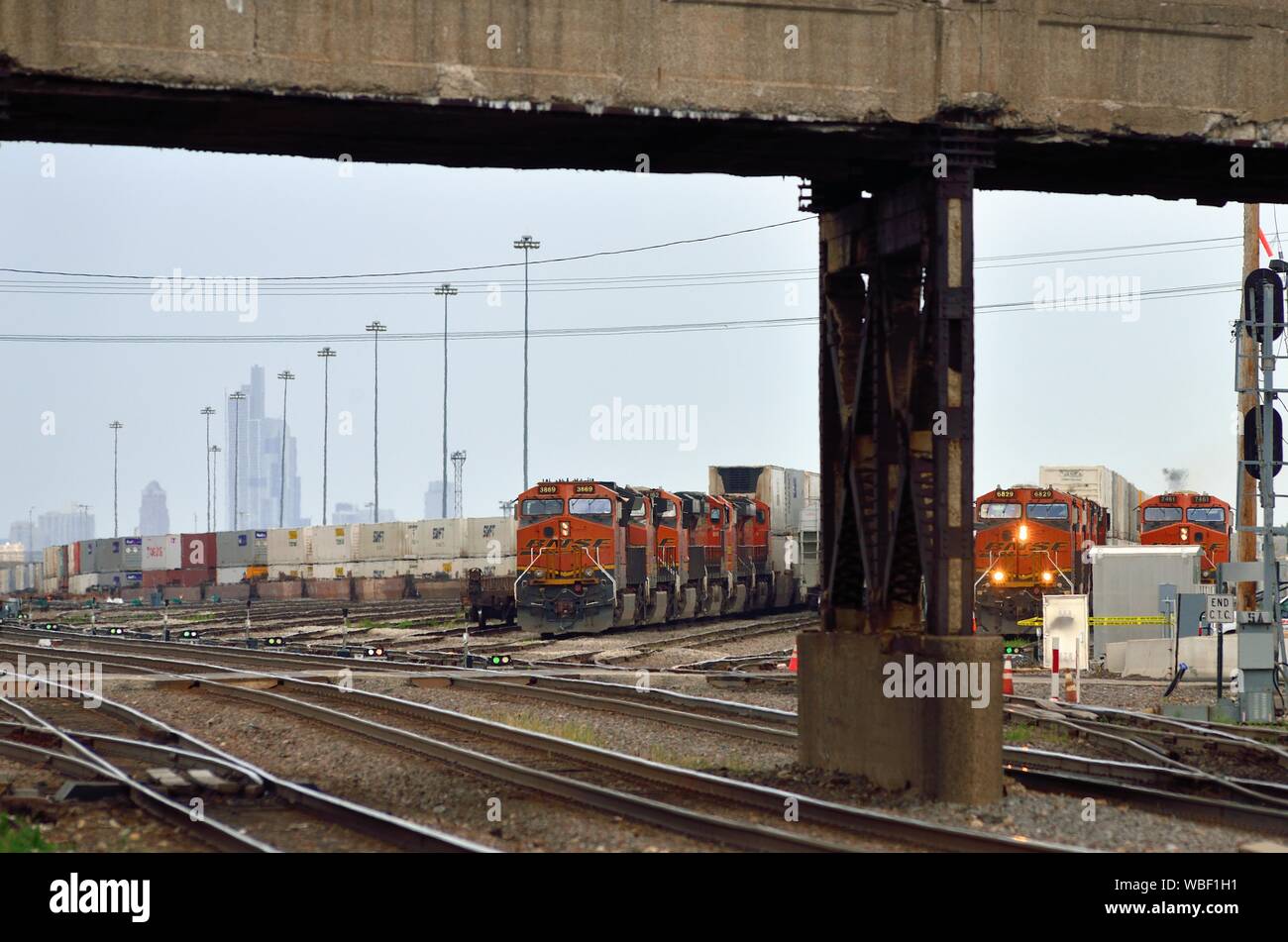 Berwyn, Illinois, USA. Freight trains ready for departure are lined up at the Burlington ...