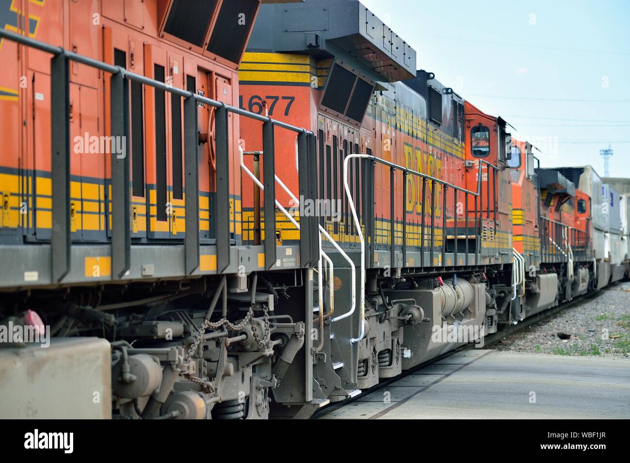 Berwyn, Illinois, USA. Diesel units leading a Burlington Northern Santa ...