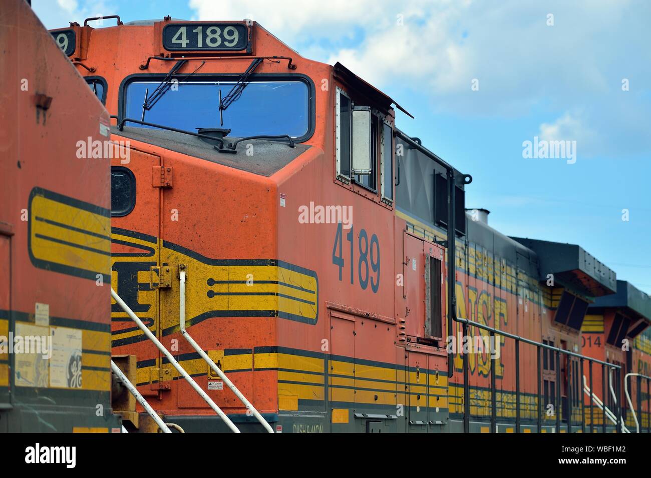 Berwyn, Illinois, USA. Closeup of one of the diesel locomotive units leading a Burlington ...
