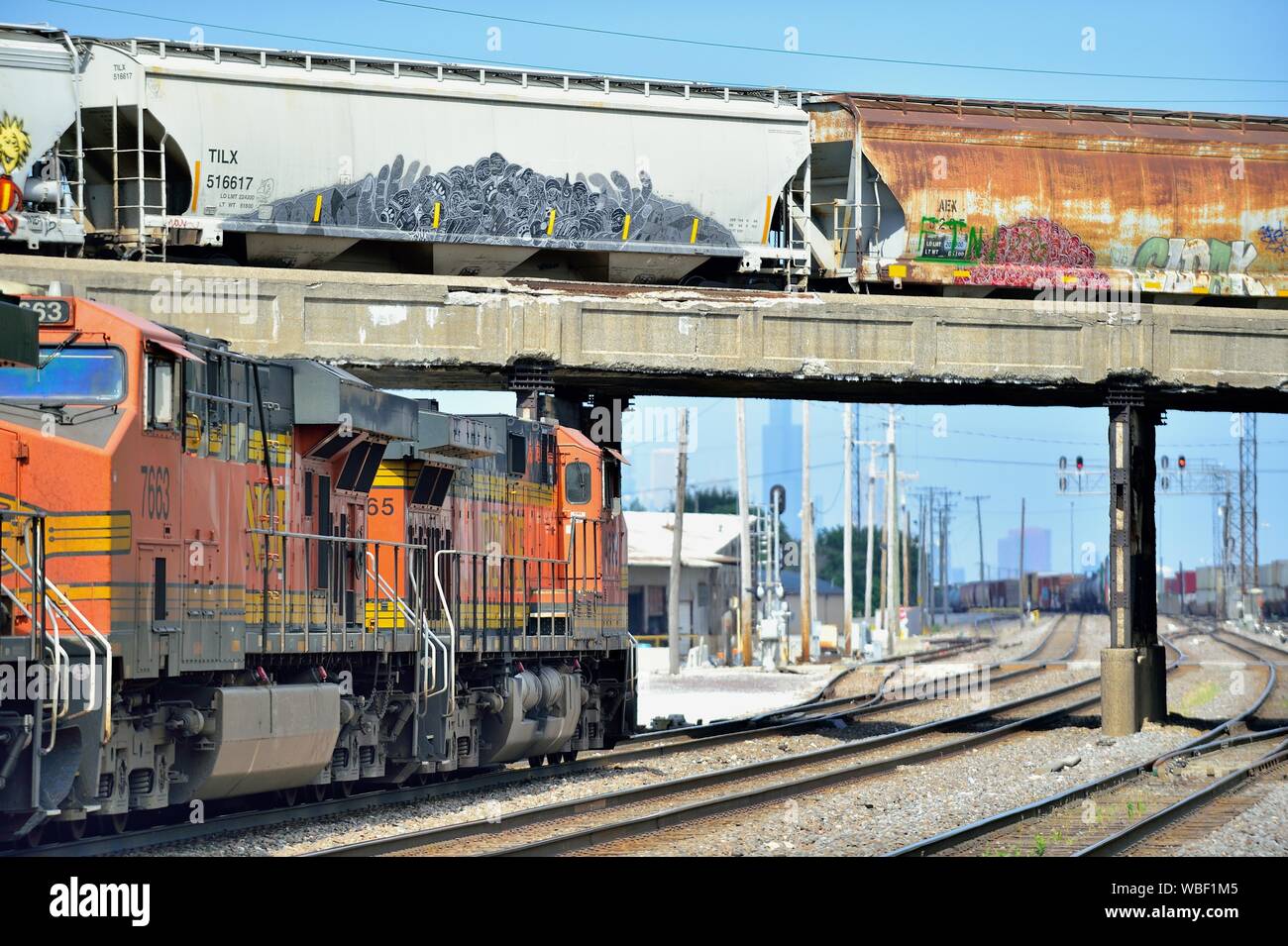 Berwyn, Illinois, USA. Lead diesel locomotive units heading a Burlington Northern Santa Fe ...