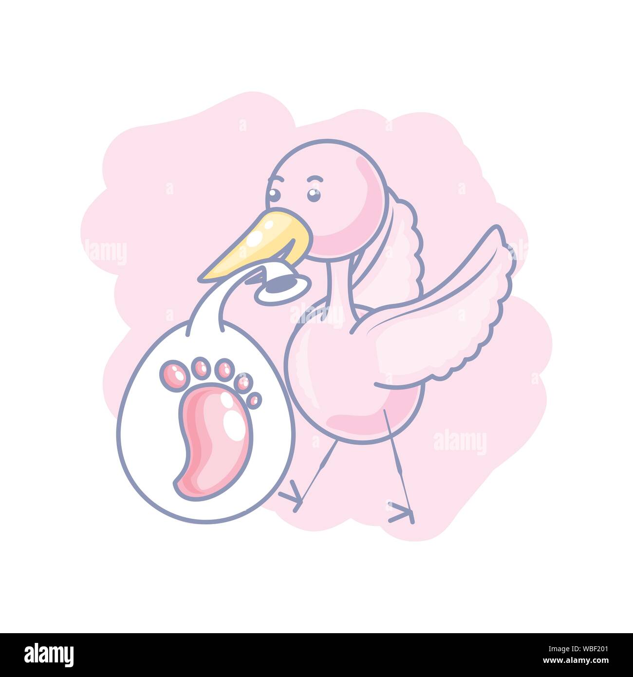 cute stork flying and diaper with footprint baby vector illustration ...