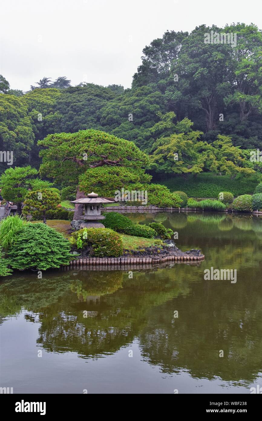 Traditional Japanese gardens in public parks in Tokyo, Japan. Views of ...