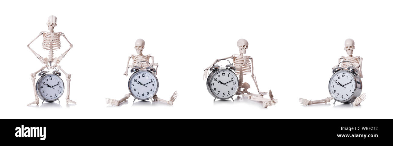 The skeleton with alarm clock on the white Stock Photo - Alamy