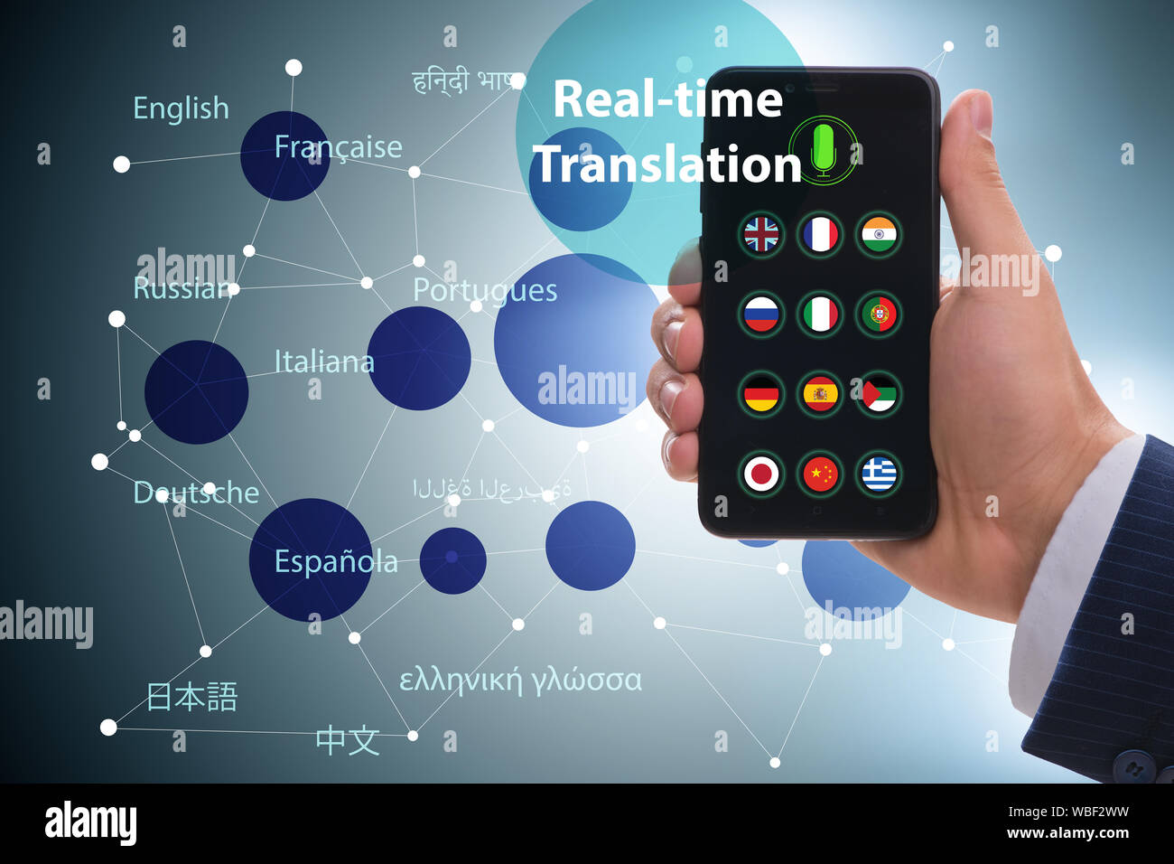 The concept of real time translation with smartphone app Stock Photo ...