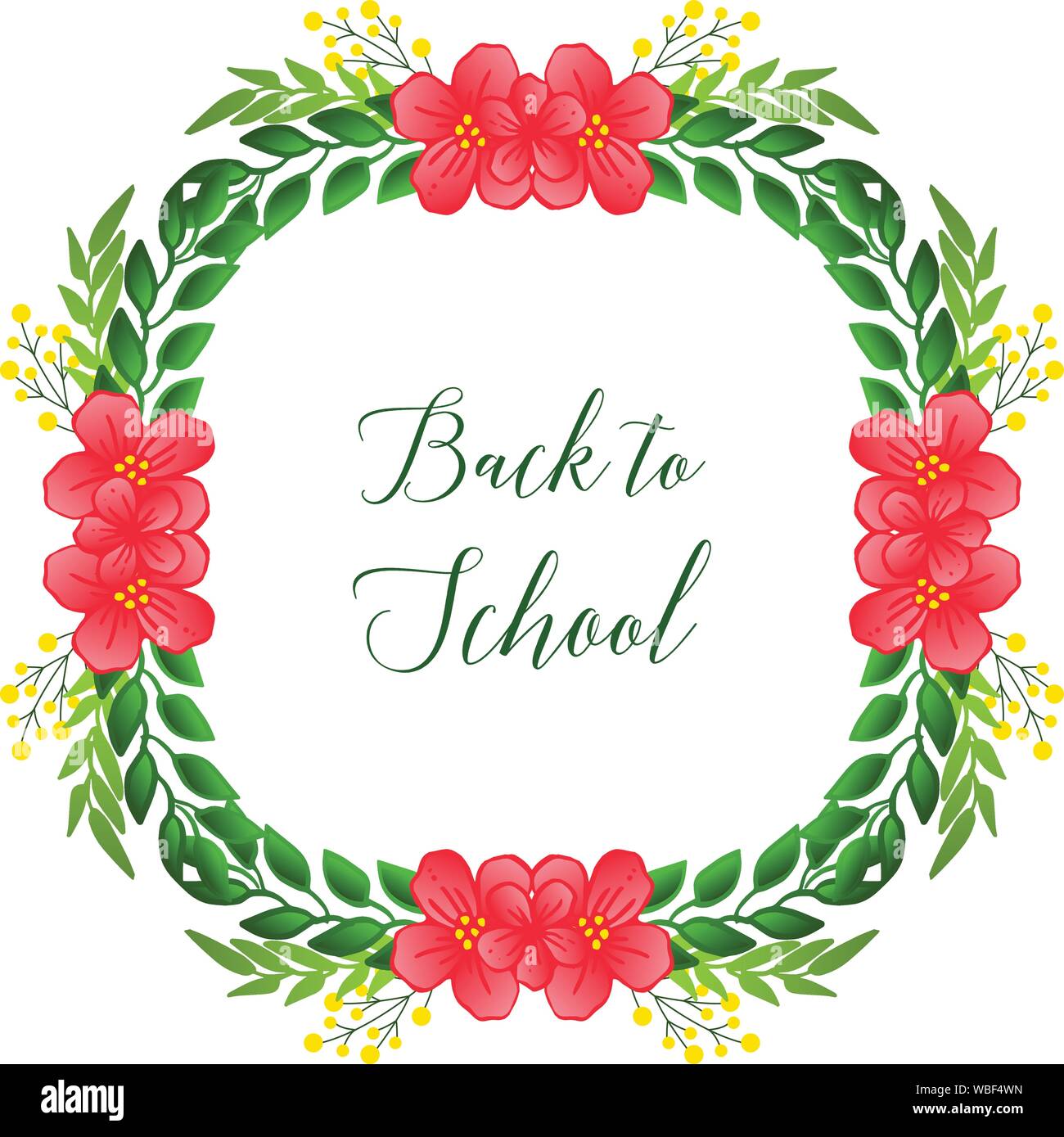 Lettering of banner back to school, with wallpaper of green leafy ...