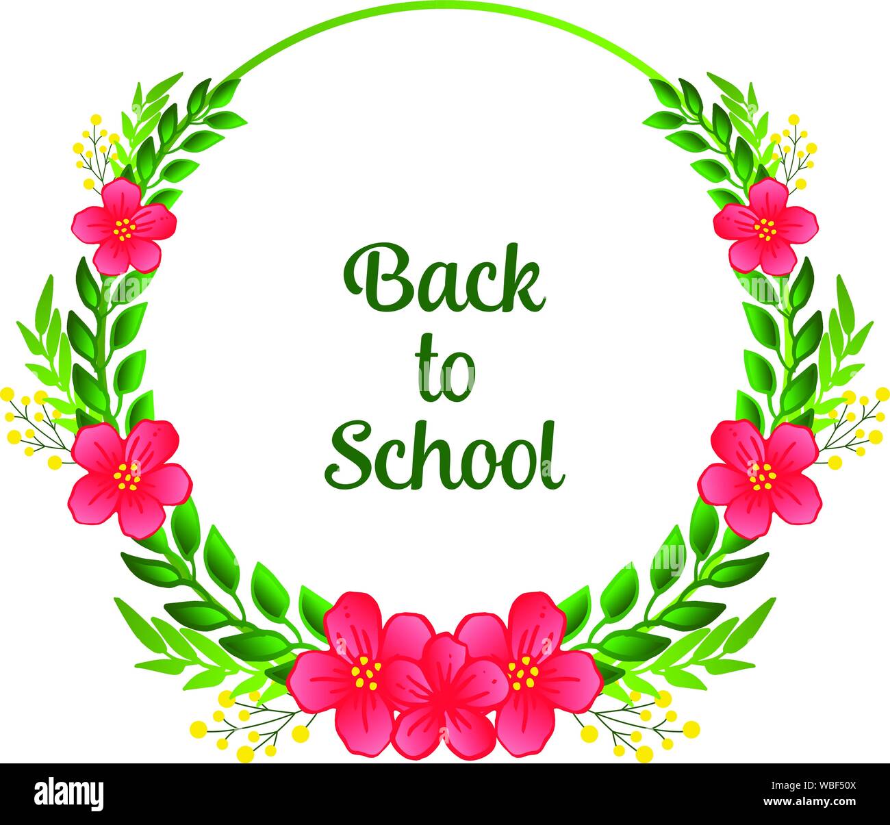 Lettering of banner back to school, with wallpaper of green leafy ...
