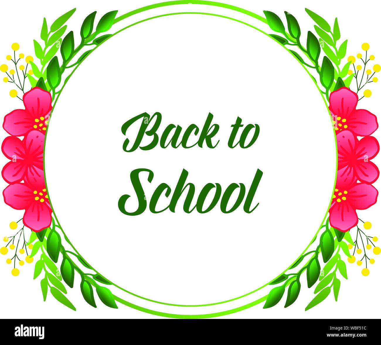 Lettering of banner back to school, with wallpaper of green leafy ...