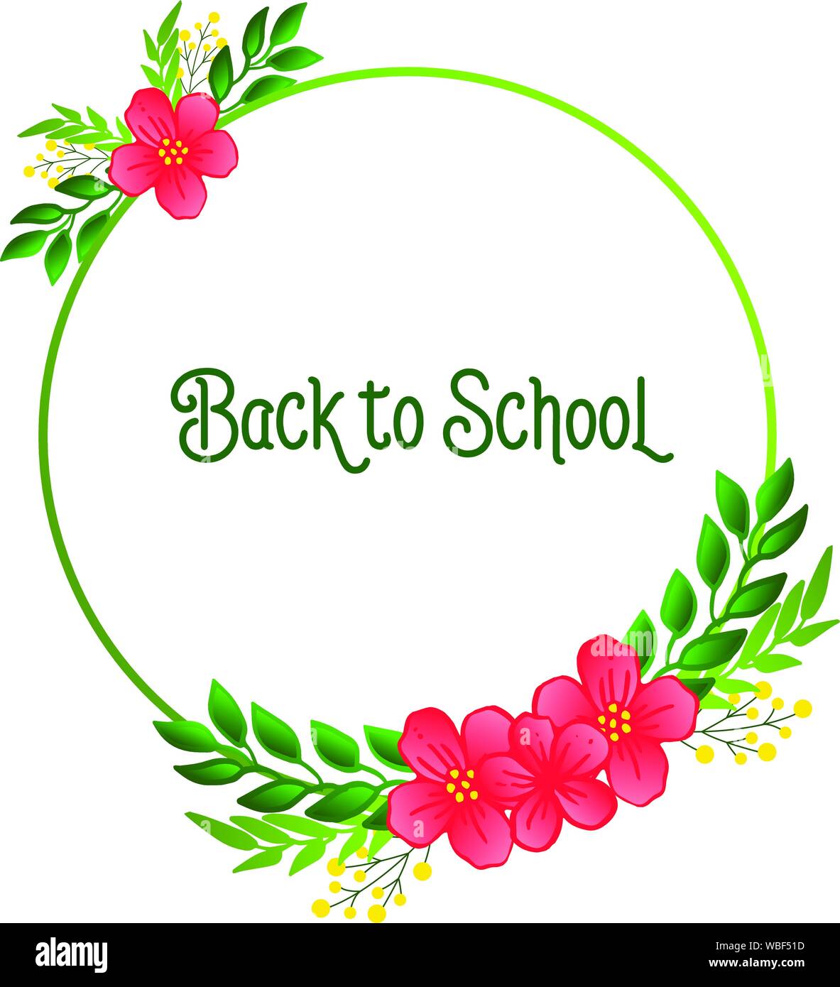 Lettering of banner back to school, with wallpaper of green leafy ...