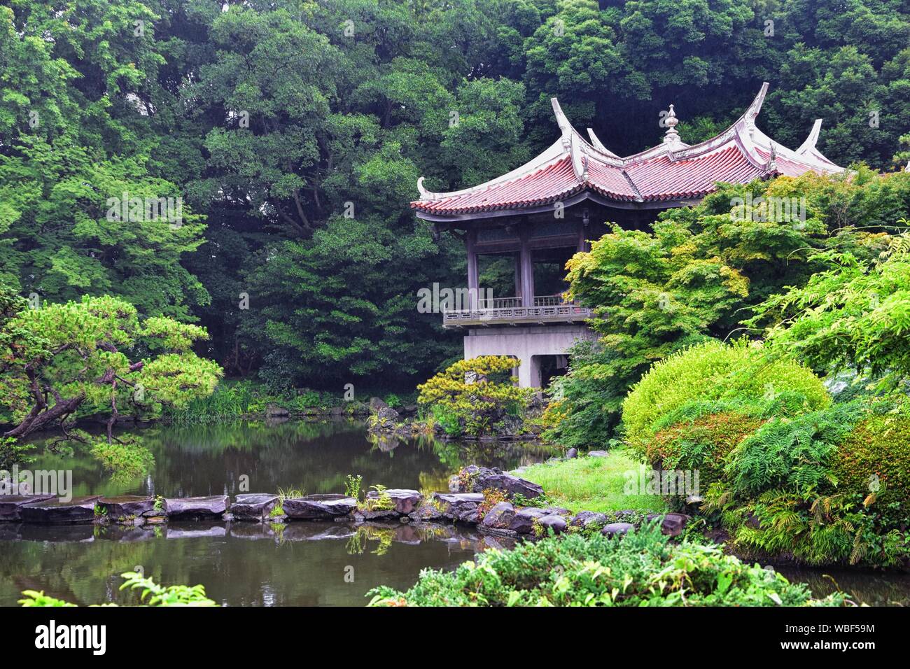 Traditional Japanese gardens in public parks in Tokyo, Japan. Views of ...