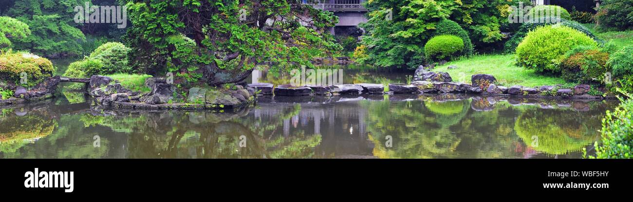 Traditional Japanese gardens in public parks in Tokyo, Japan. Views of ...