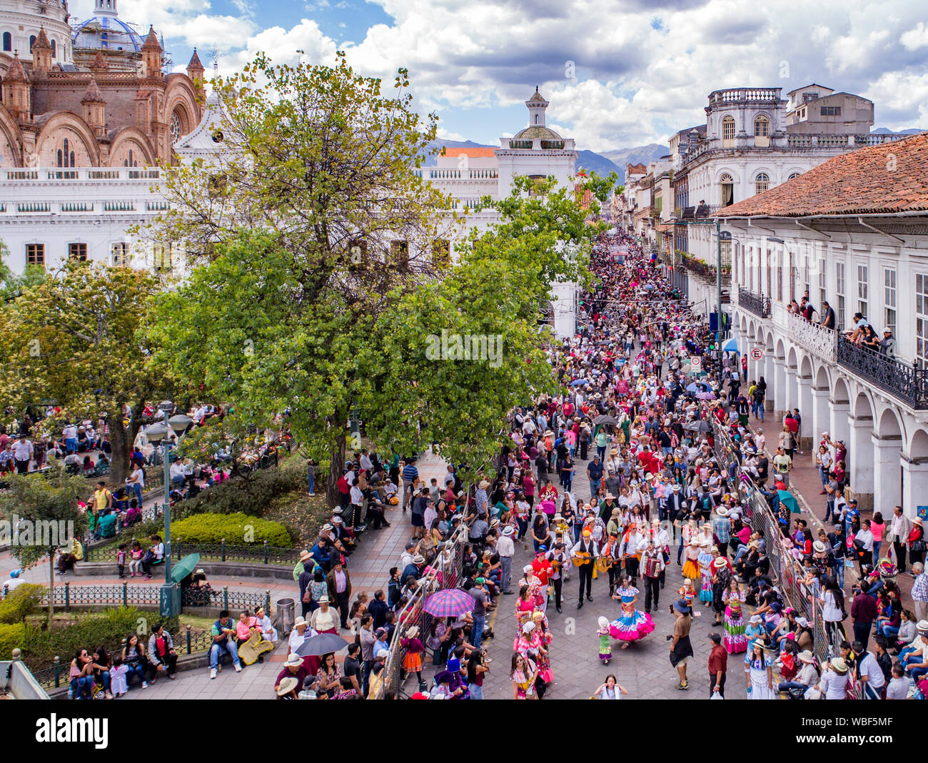 Pase de Nino parade , Cuenca, Ecuador, Dec 24, 2017 - Drone image shows ...