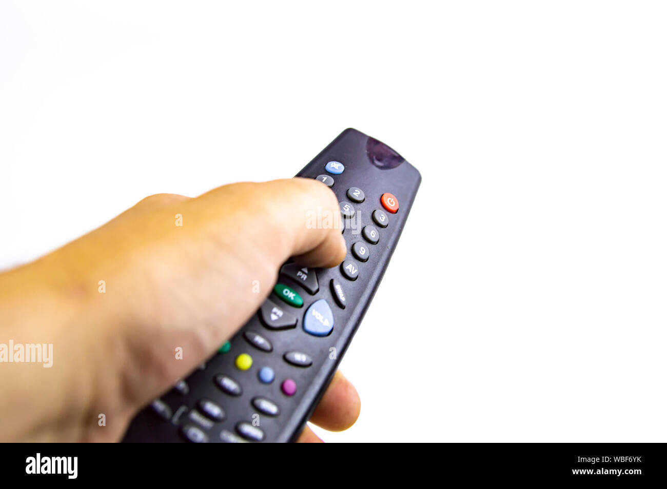 Remote tv remote in man's hand on a white background Stock Photo - Alamy