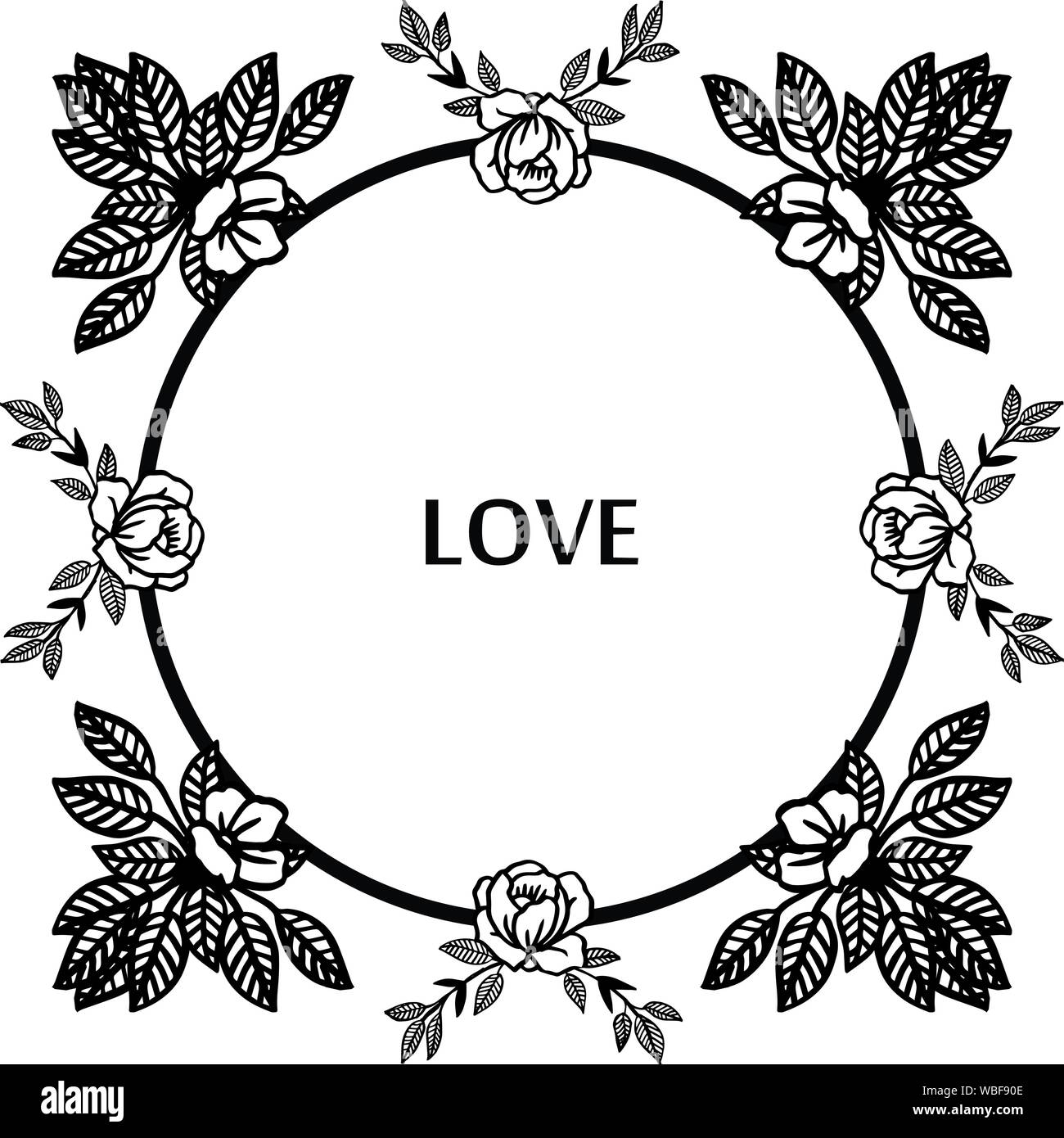 Love hand drawn lettering text in various shape frame, with rose flower ...
