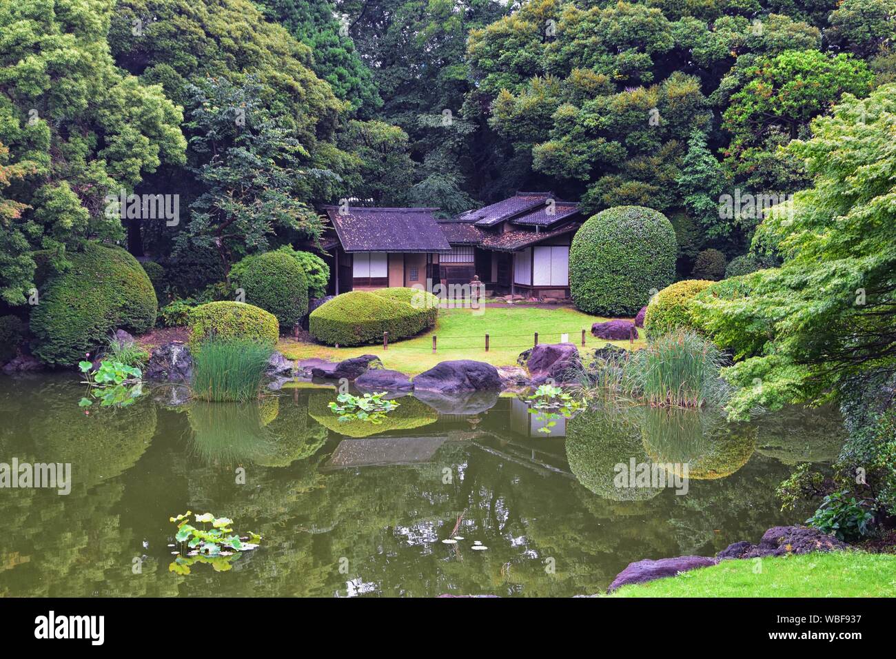 Traditional Japanese gardens in public parks in Tokyo, Japan. Views of ...