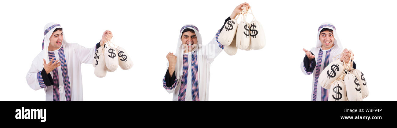 The arab man with money sacks isolated on white Stock Photo - Alamy