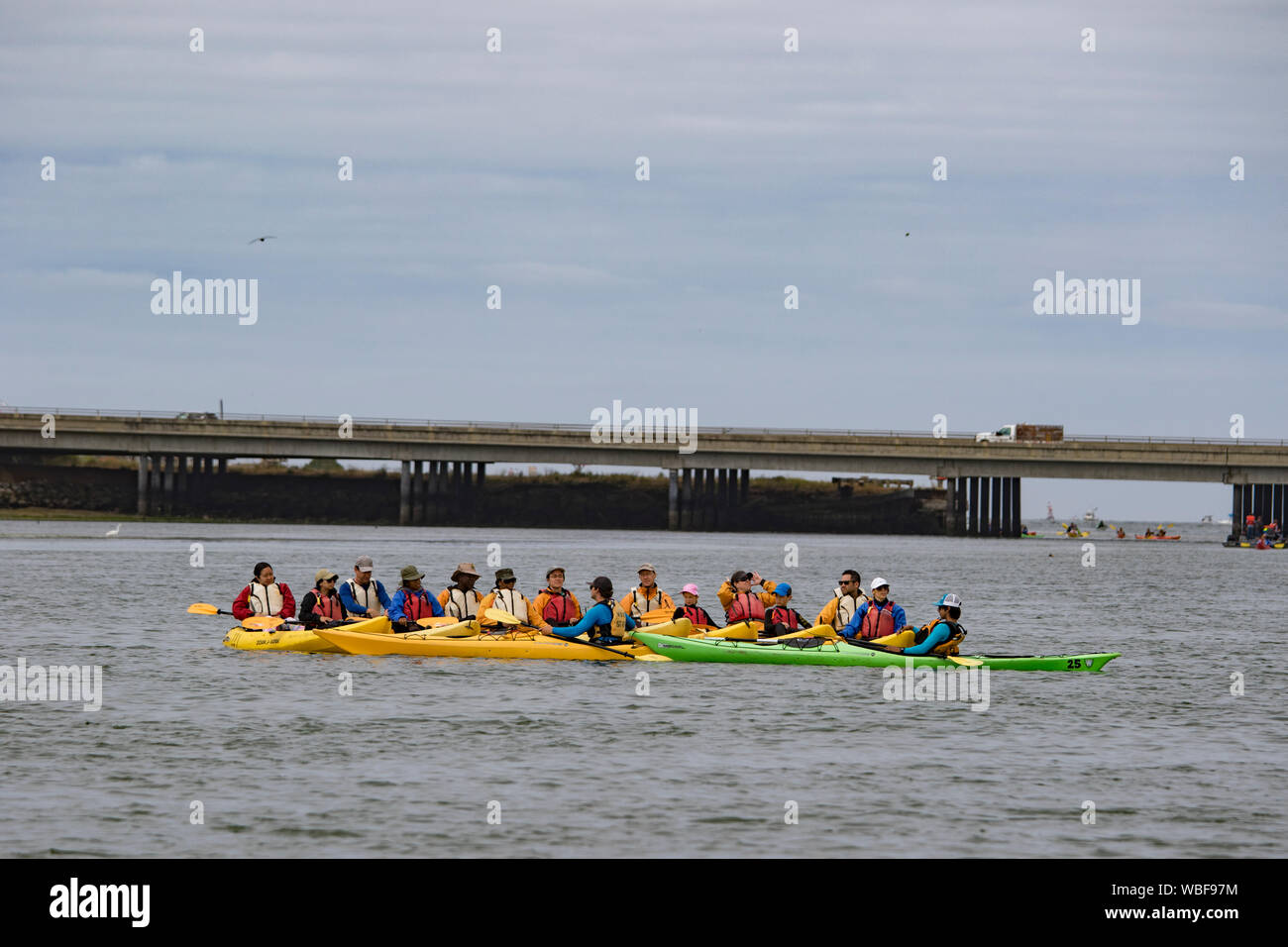 Moss Beach, California - June 17, 2018: Kayakers gather in the middle ...