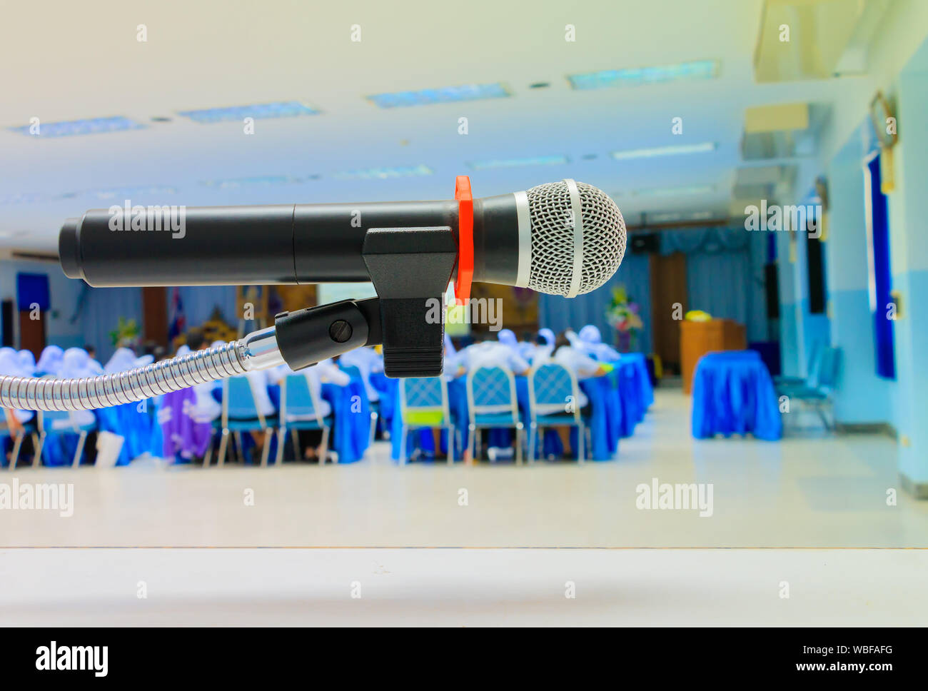 Close up microphone wireless Stand on white table in business ...
